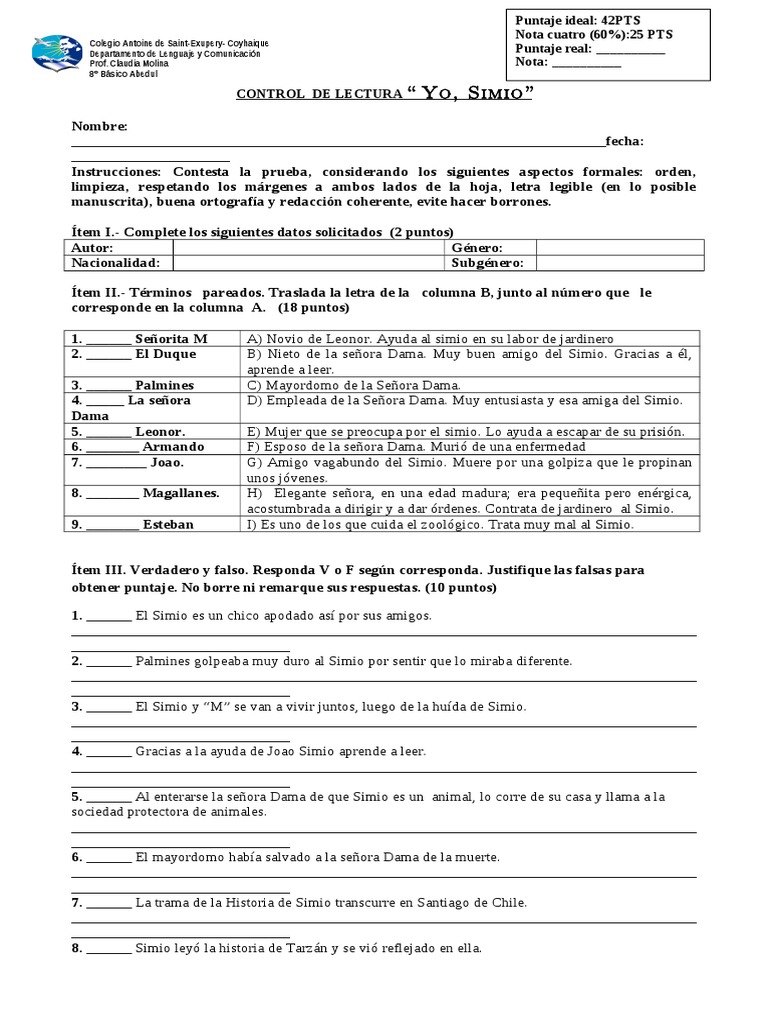 Control de Lectura Yo Simio | PDF | Crecimiento personal y profesional