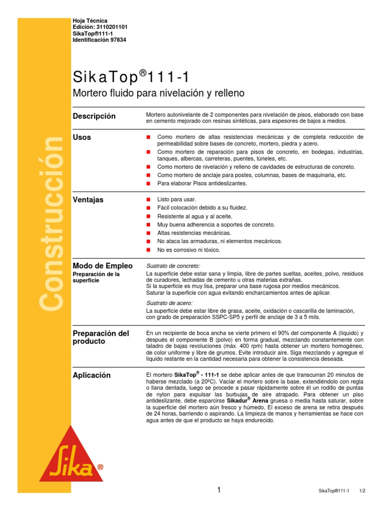 Mortero Fluido Nivelacion Relleno Sikatop 111 1 | PDF | Hormigón | Cemento