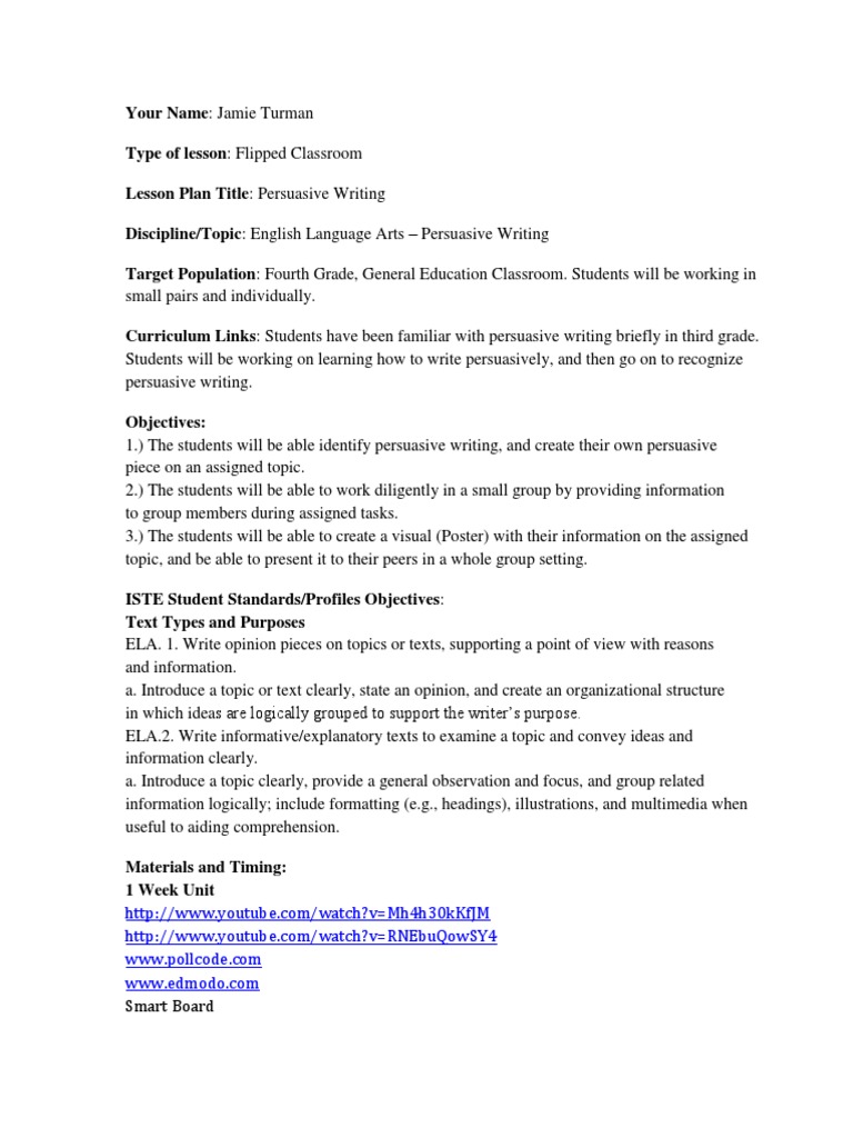 Flipped Classroom Lesson Plan Persuasion Lesson Plan