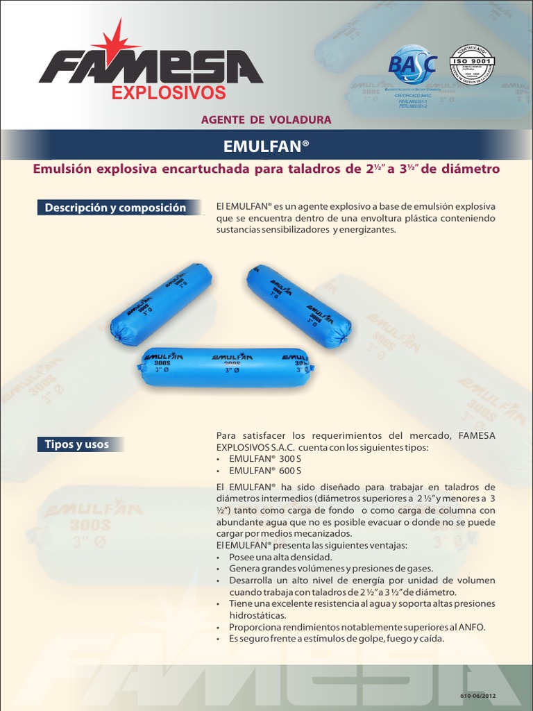 Ficha Tecnica de Emulsion encartuchada | Material explosivo | Explosión