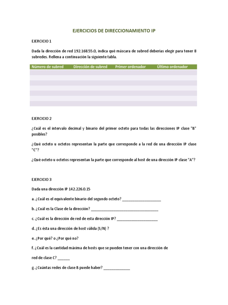 Ejercicios de Direccionamiento Ip | PDF | Dirección IP | Protocolos de comunicaciones