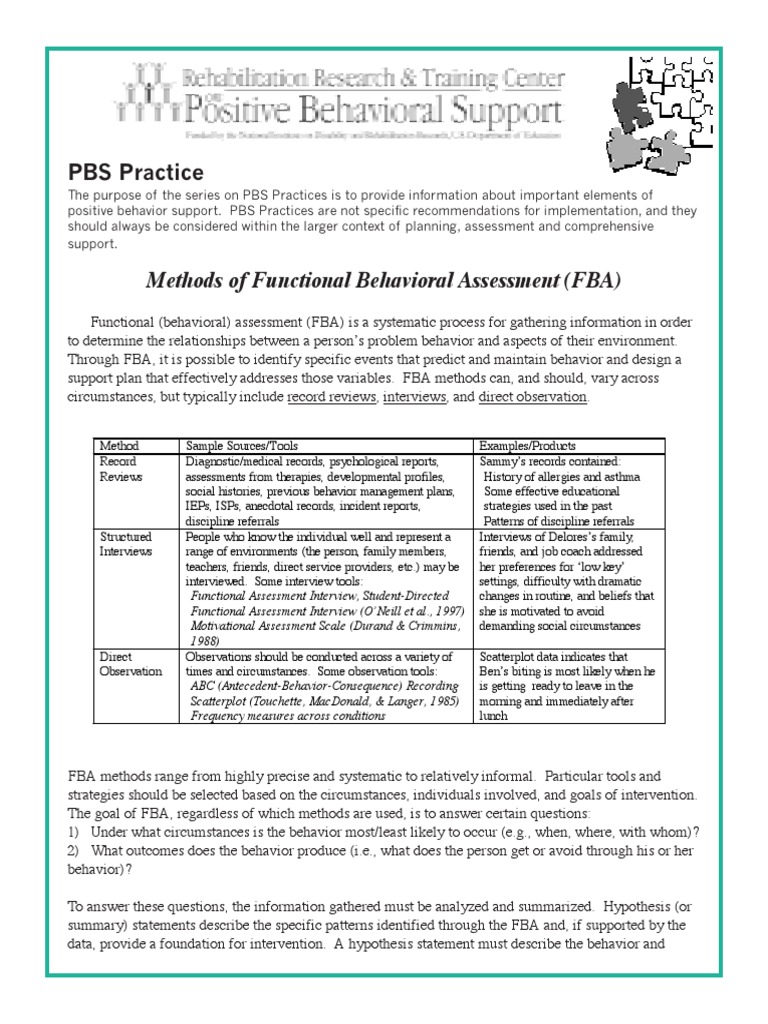 PBS Practice: Methods of Functional Behavioral Assessment (FBA) | PDF ...