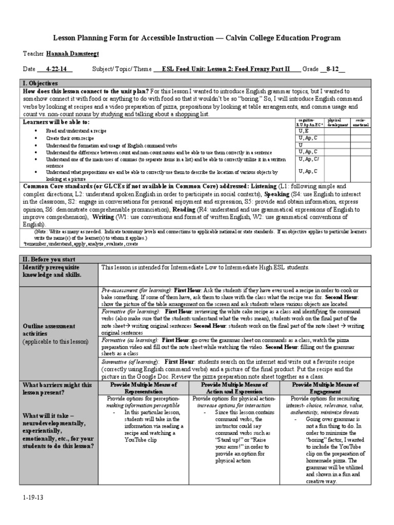 Lesson Plan For Second Esl Lesson | PDF | English Language | Classroom