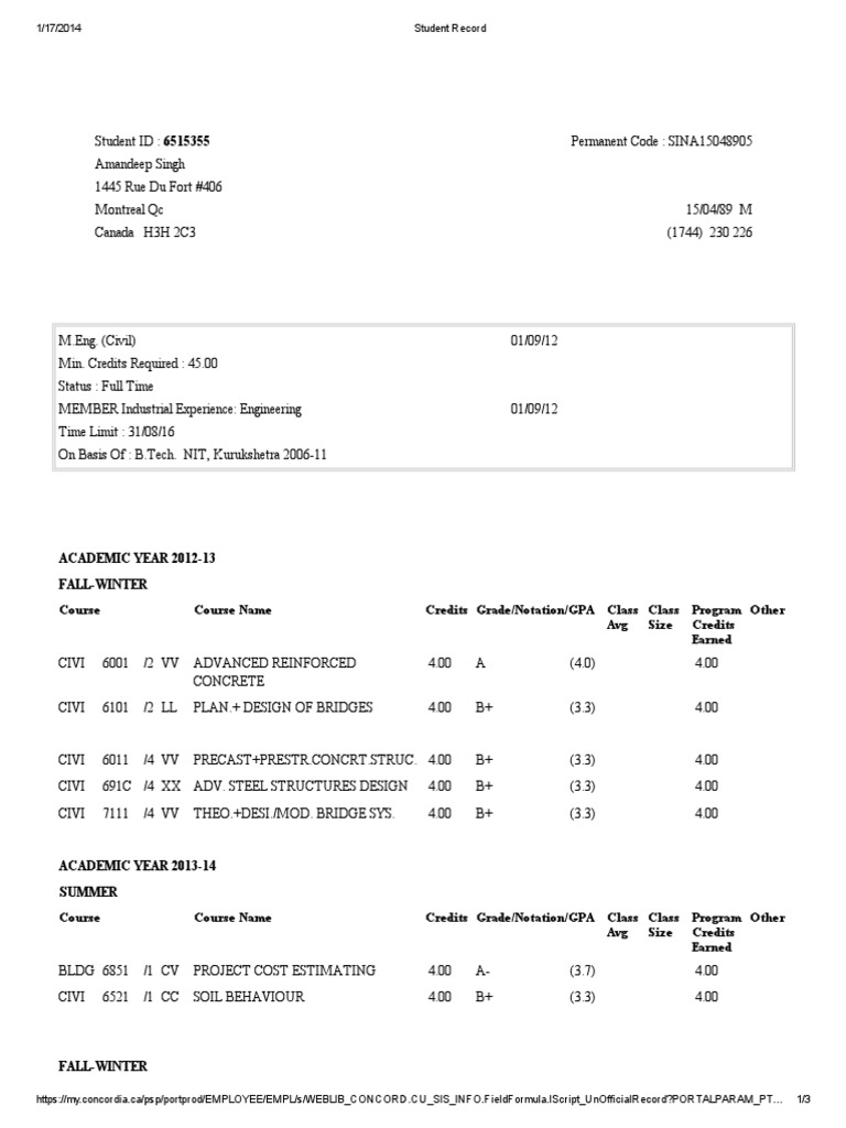 Course Course Name Credits Grade/Notation/GPA Class Avg Class Size ...