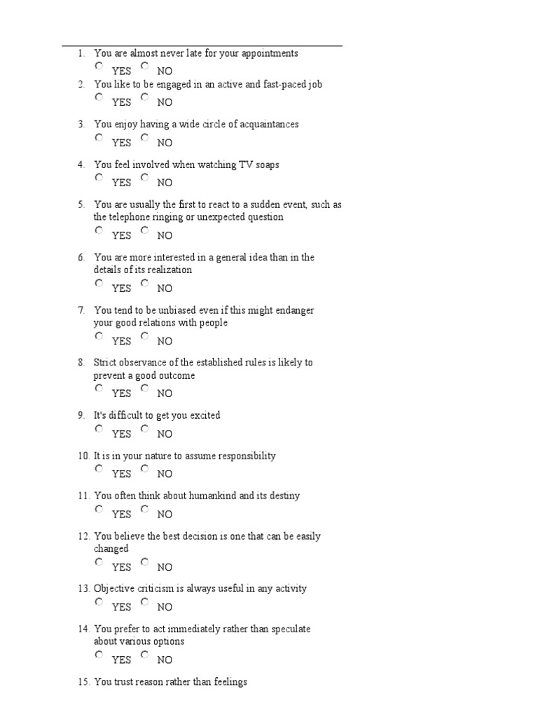 Myers-Briggs personality test questions | PDF | Psychological Concepts ...