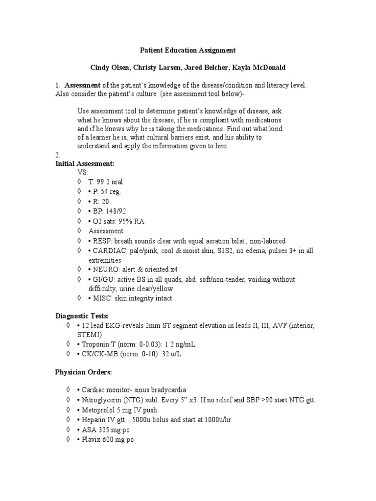 Patient Education Assignment | PDF | Myocardial Infarction ...