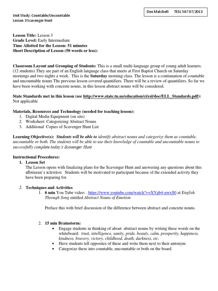 Unit Plan 3 Countable and Uncountable Nouns | PDF | Noun | Pedagogy