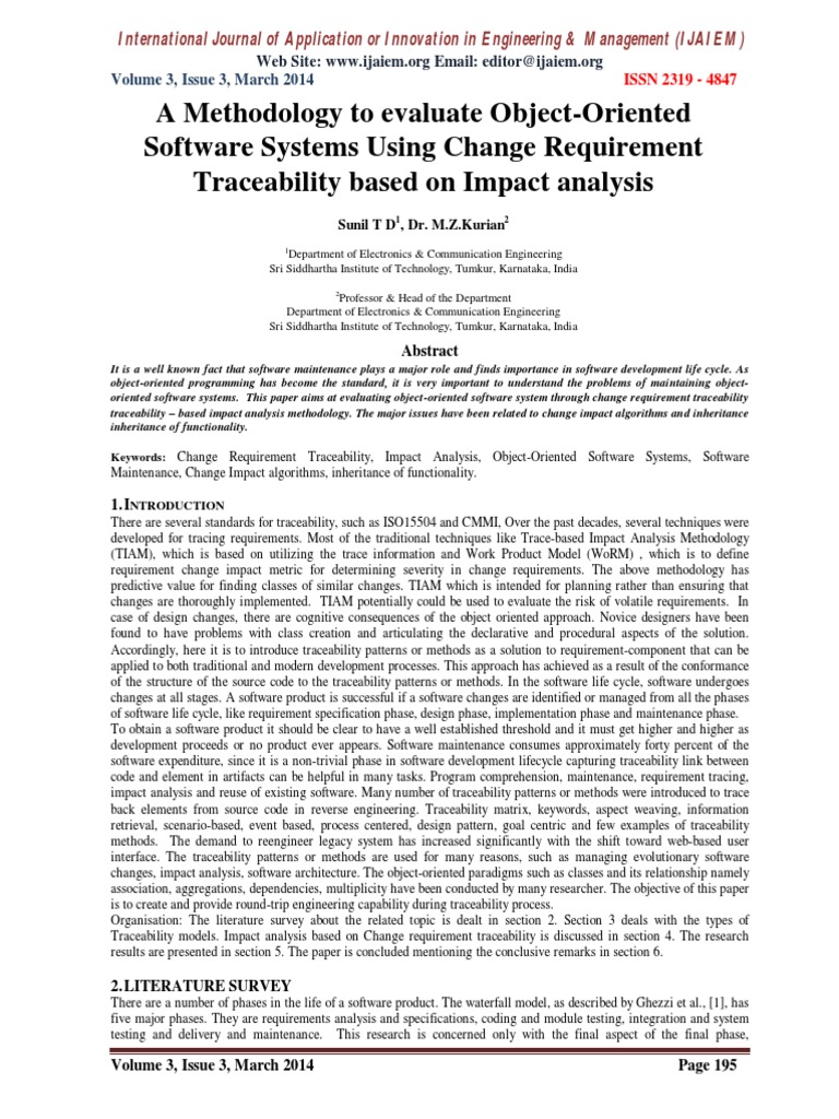 A Methodology To Evaluate Object-Oriented Software Systems Using Change Requirement Traceability ...