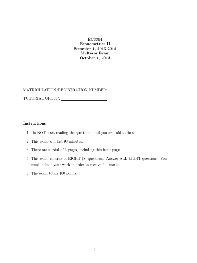 Midterm Sem1 2013 Pdf Ordinary Least Squares Econometrics