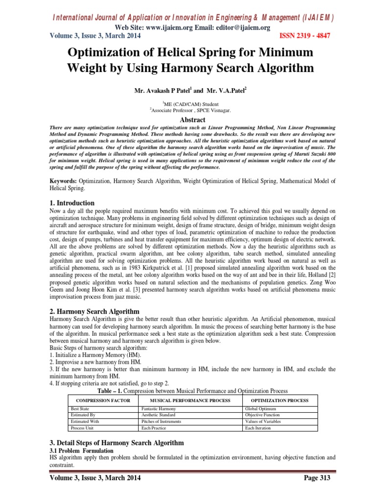 Optimization of Helical Spring For Minimum Weight by Using Harmony Search Algorithm | PDF ...
