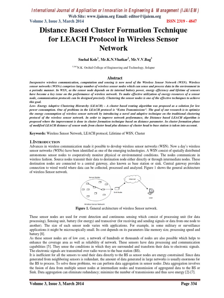 Distance Based Cluster Formation Technique For LEACH Protocol in Wireless Sensor Network | PDF ...