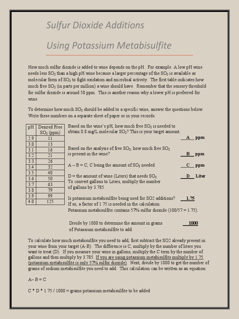 Sulfur Dioxide Additions | PDF | Cooking, Food & Wine