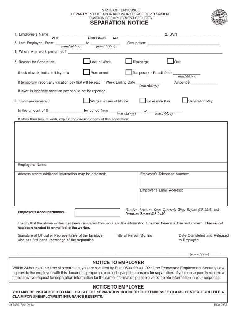 Separation Notice: (Mm/dd/yy) (Mm/dd/yy) | PDF | Unemployment Benefits ...