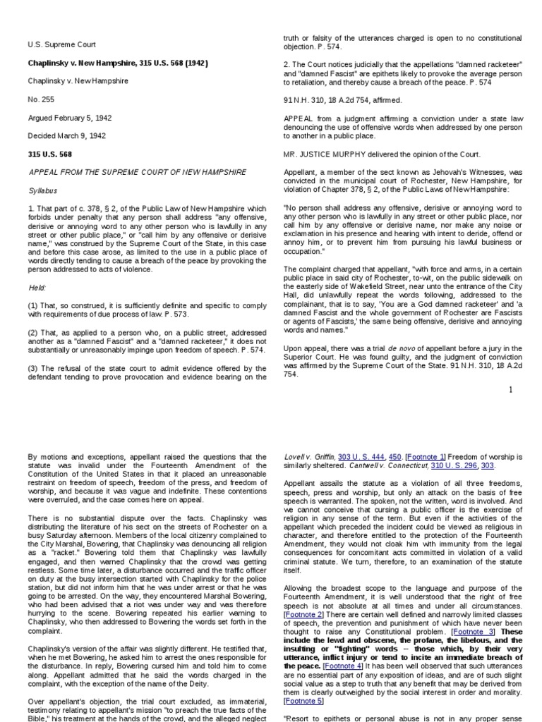 Chaplinsky v. New Hampshire, 315 U.S. 568 (1942) : Appeal From The ...