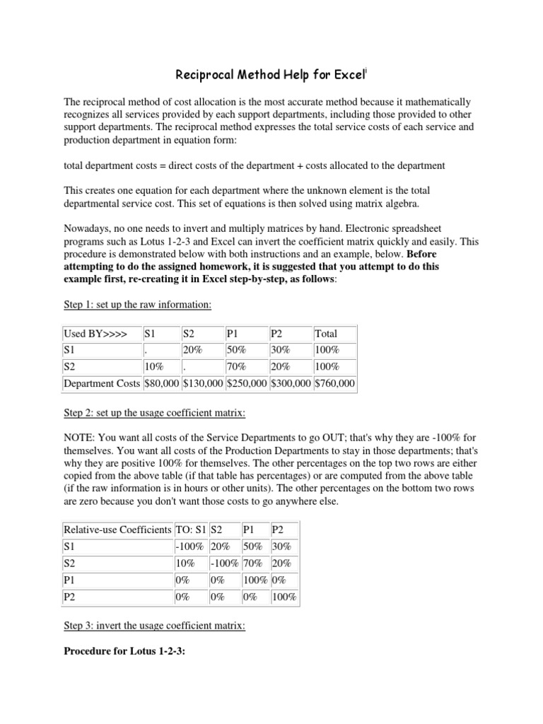 Excel Guide for Reciprocal Cost Allocation | PDF | Matrix (Mathematics ...