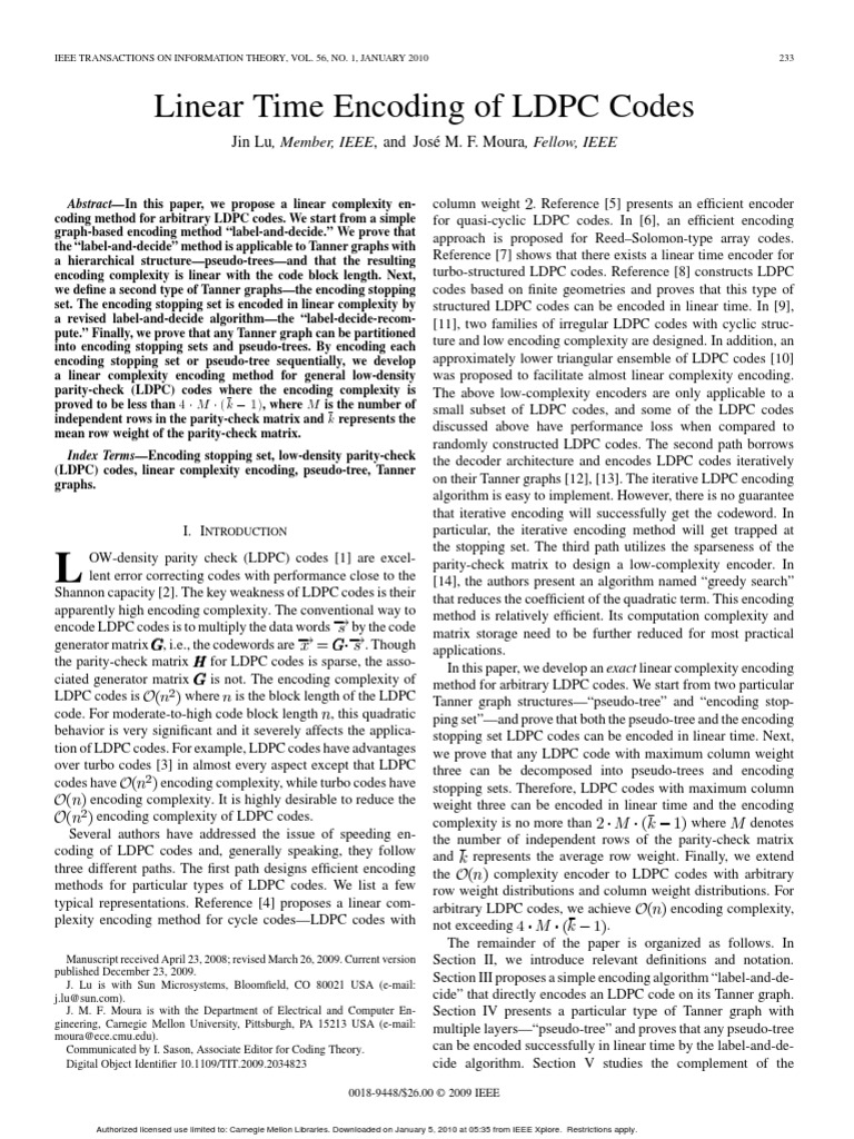 Linear Time Encoding of LDPC Codes | PDF | Low Density Parity Check Code | Code