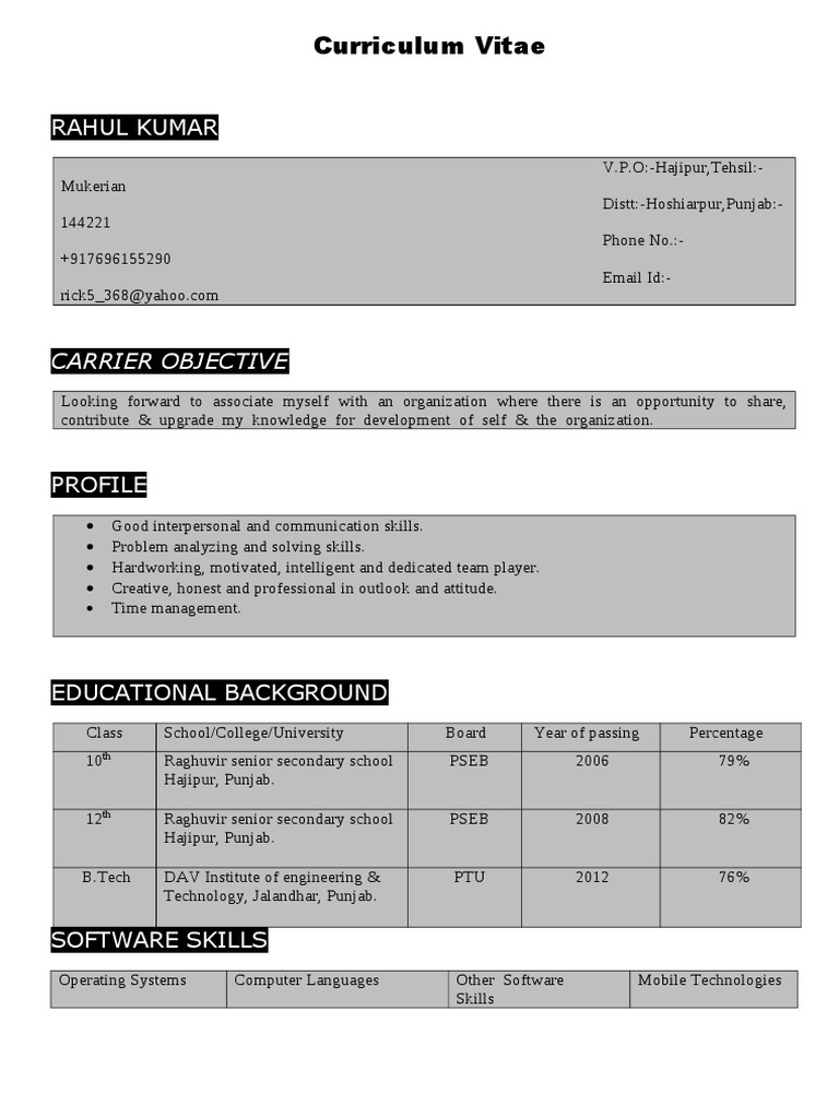Curriculum Vitae: Rahul Kumar | PDF | Science & Mathematics | Computers