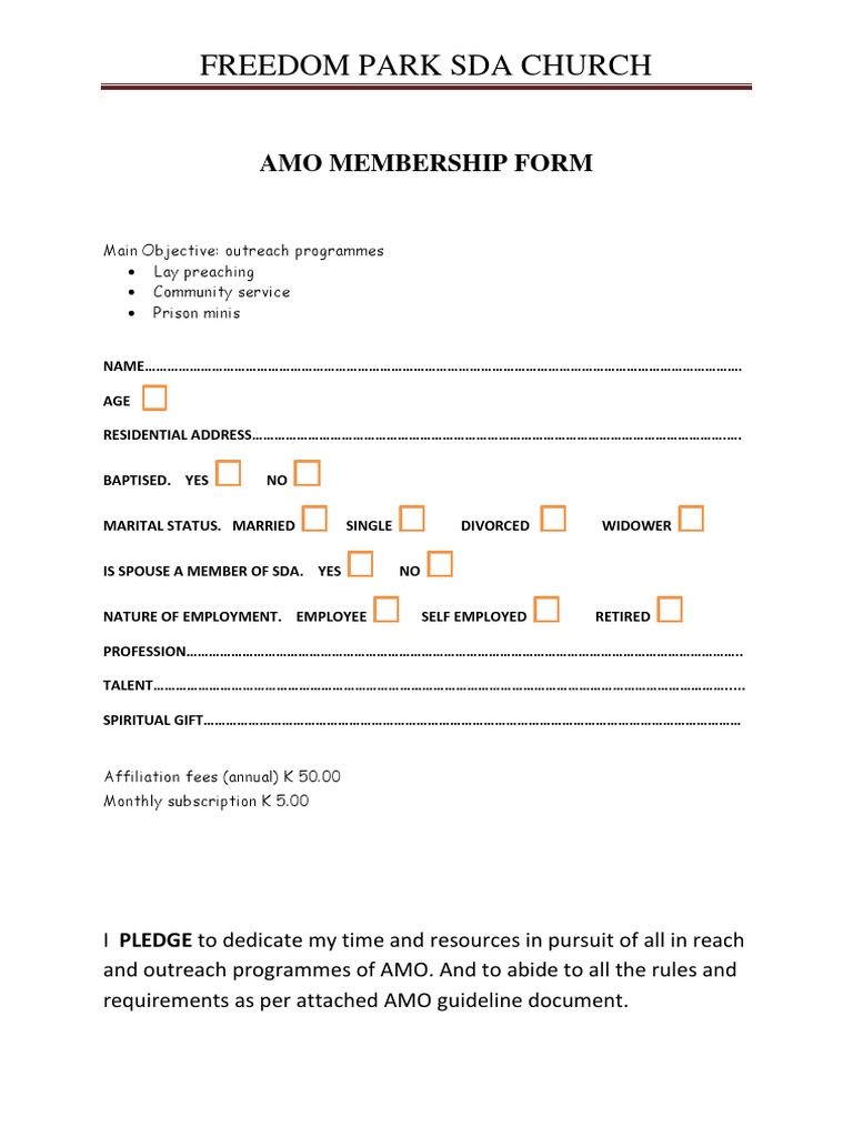 Freedom Park Sda Church: Amo Membership Form | PDF | Social Science