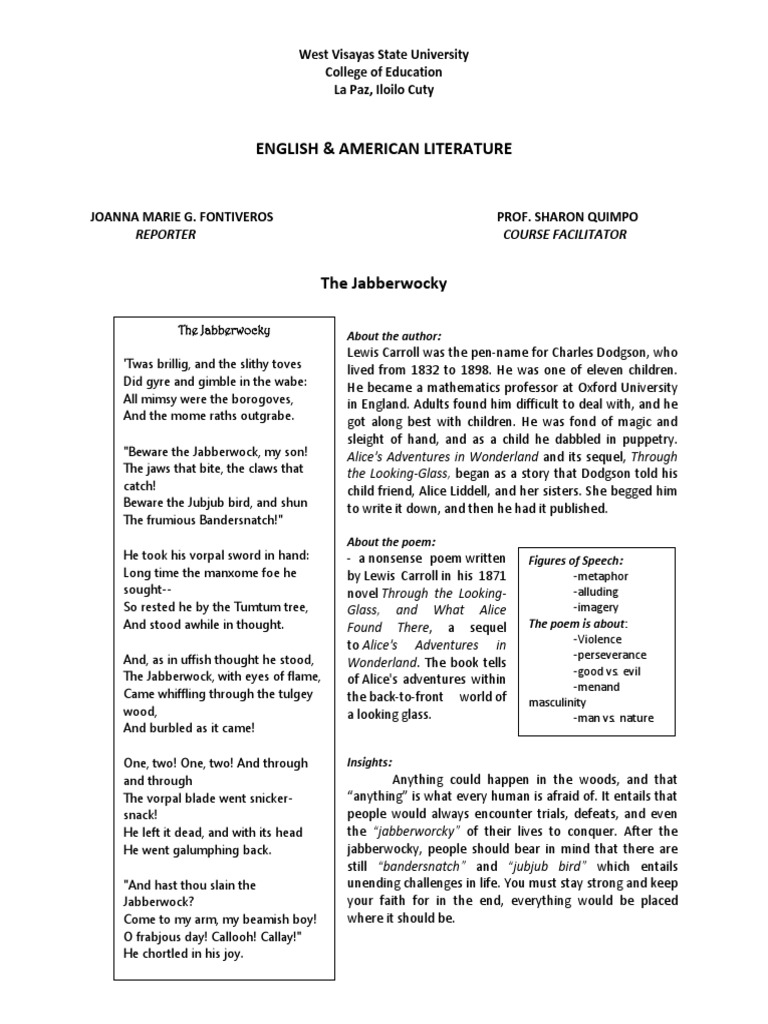 Analysis of Lewis Carroll's Jabberwocky | PDF | Lewis Carroll | Alice's ...