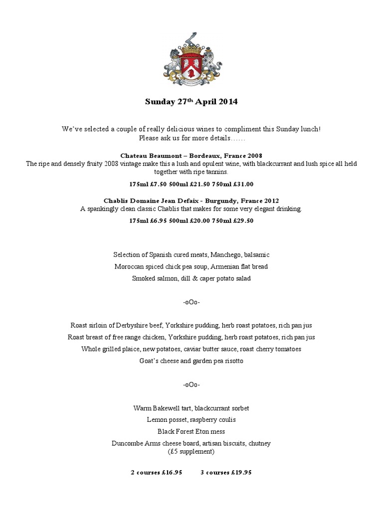 Sunday Lunch Wine and Menu Selection | PDF