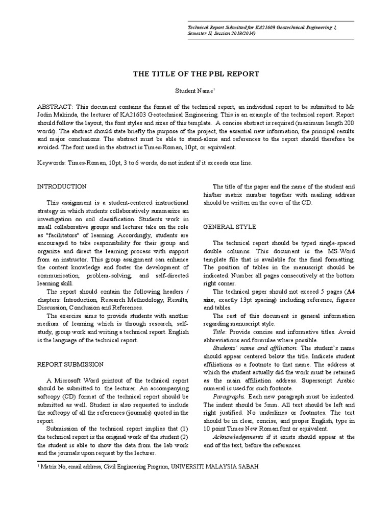 Technical Report Template for PBL | PDF | Text | Writing