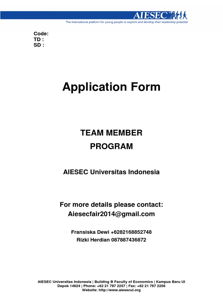 AIESEC Team Member Form | PDF