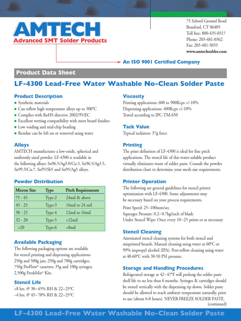 Amtech: LF-4300 Lead-Free Water Washable No-Clean Solder Paste | PDF ...