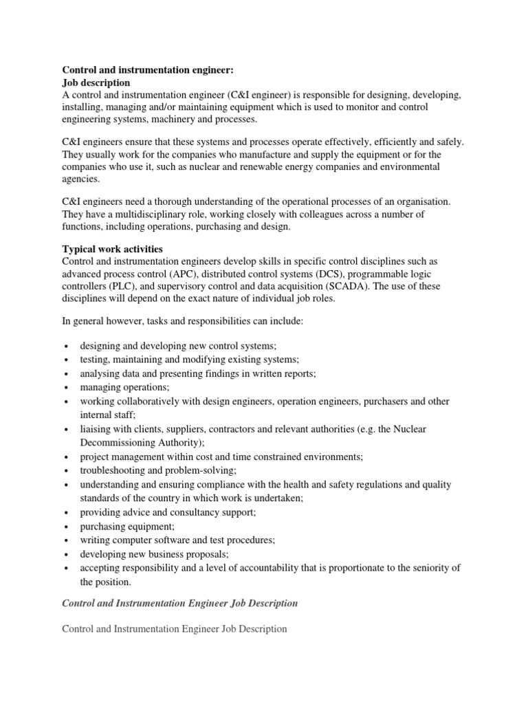 Control and Instrumentation Engineer | PDF | Engineer | Instrumentation