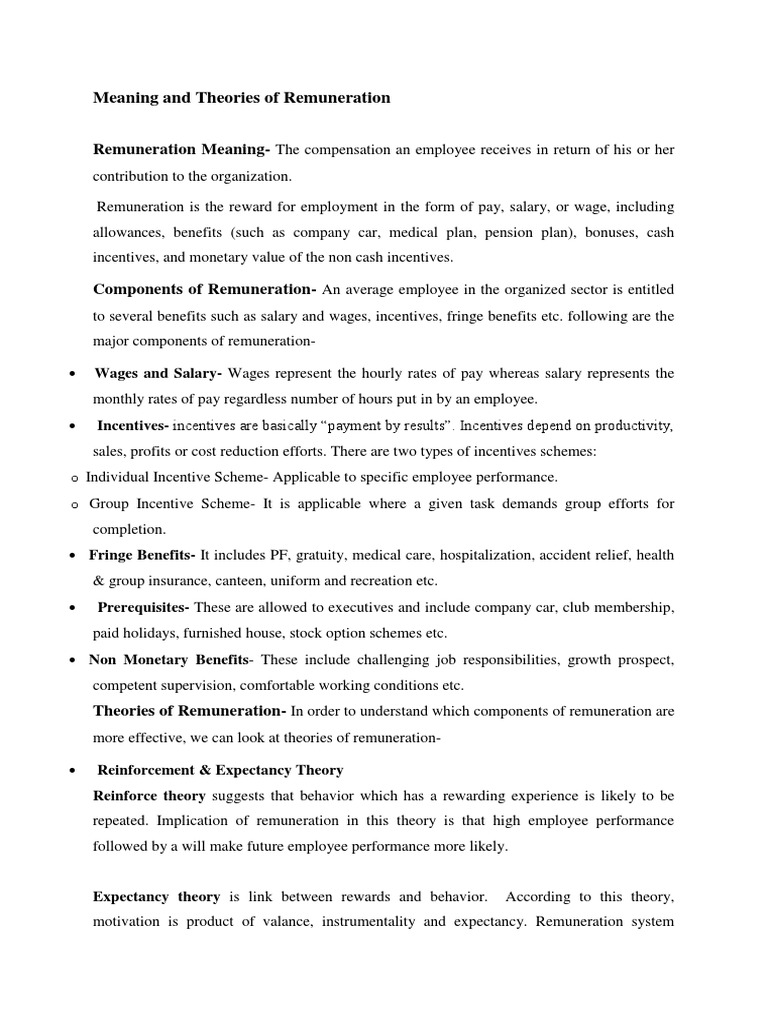 Meaning and Theories of Remuneration | PDF | Employee Benefits | Employment