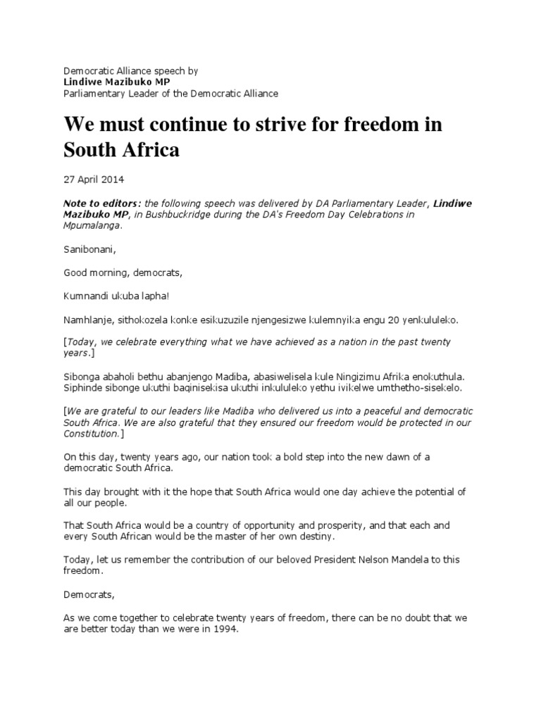 DA's Freedom Day Speech 2014 | PDF | South Africa | Nelson Mandela