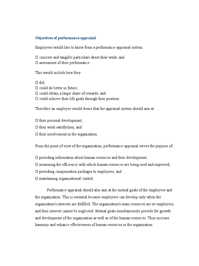 Objectives of Performance Appraisal | PDF | Performance Appraisal ...