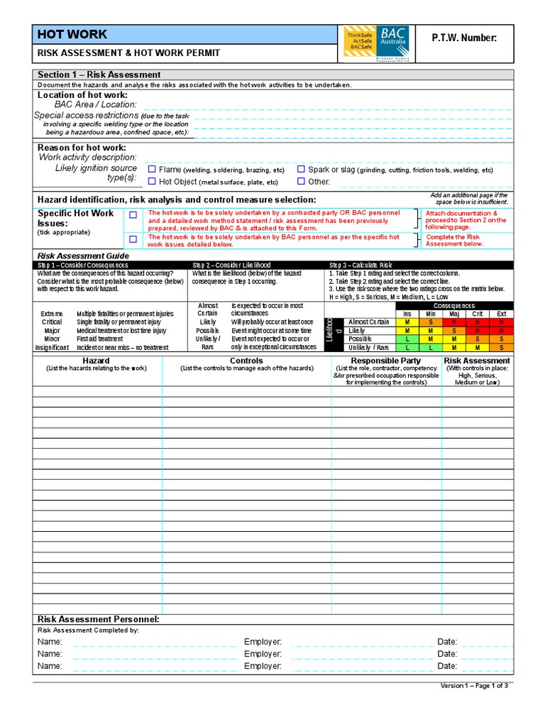 Hot Work Risk Assessment & Permit | PDF | Fires | Risk Assessment