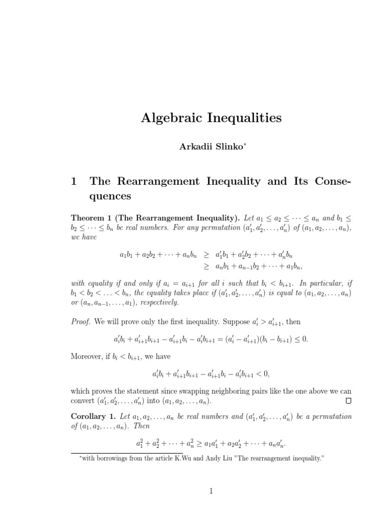 Algebraic Inequalities: 1 The Rearrangement Inequality and Its Conse-Quences | PDF