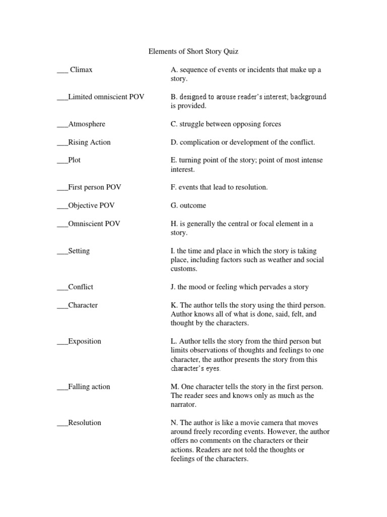 Elements of Short Story Quiz | PDF | Narration