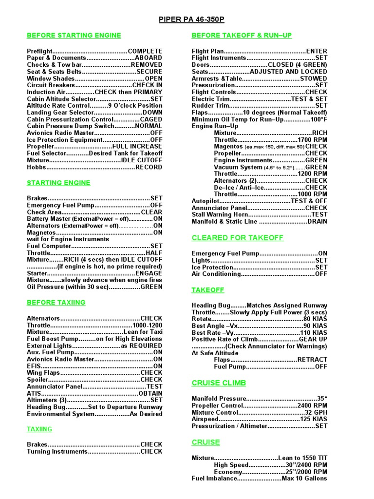 Pete Sandhu Piper PA46-350P Checklist | PDF | Aerospace | Science