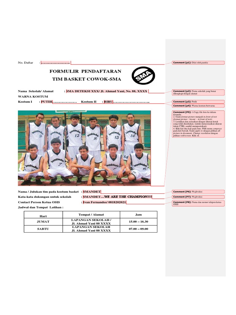 Contoh Pengisian Formulir Pendaftaran Basket Cowok SMA Honda DBL 2014 | PDF Contoh Pengisian Formulir Pendaftaran Basket Cowok SMA Honda DBL 2014 | PDF