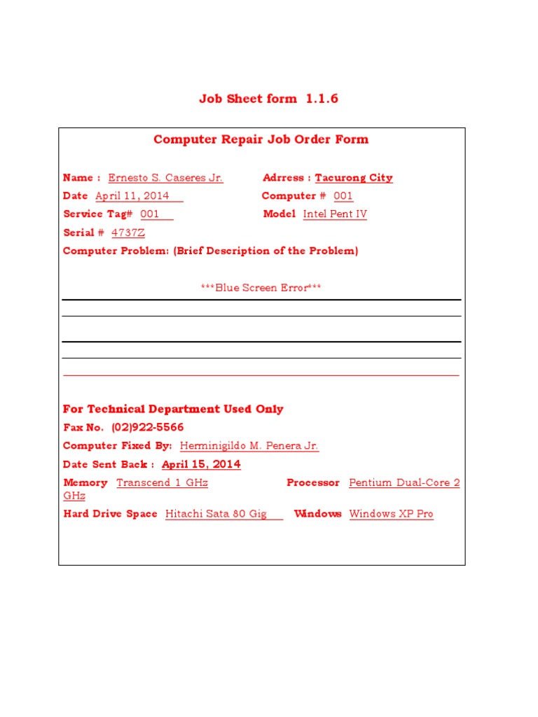 Computer Repair Job Sheet for Ernesto | PDF | Digital Electronics ...