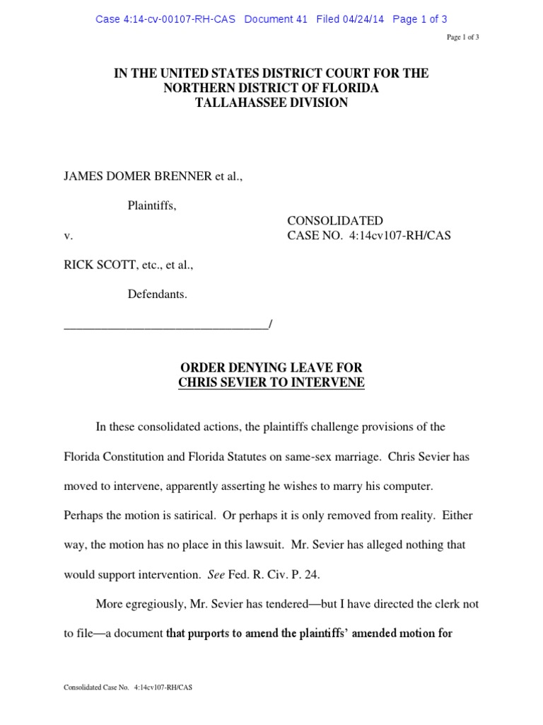 Order Denying Motion To Intervene by Chris Sevier in Consolidated ...