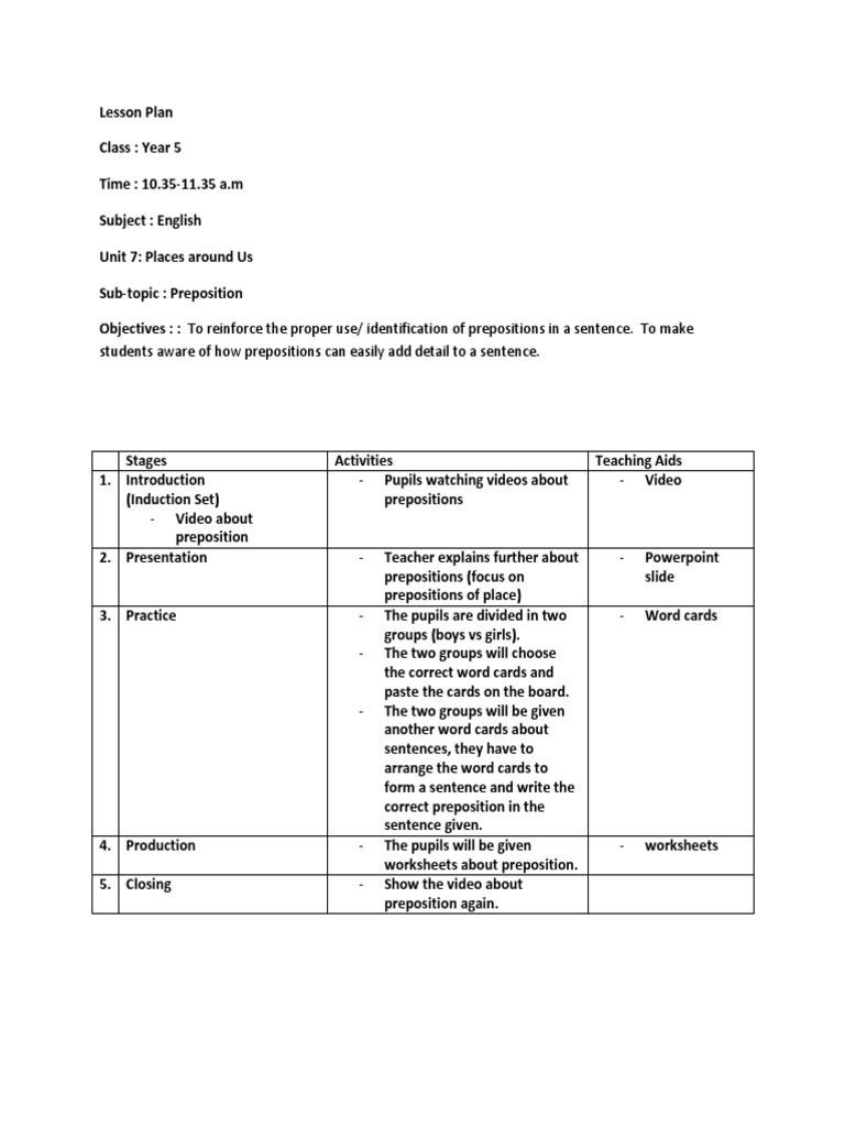 Year 5 Prepositions Lesson Plan | PDF