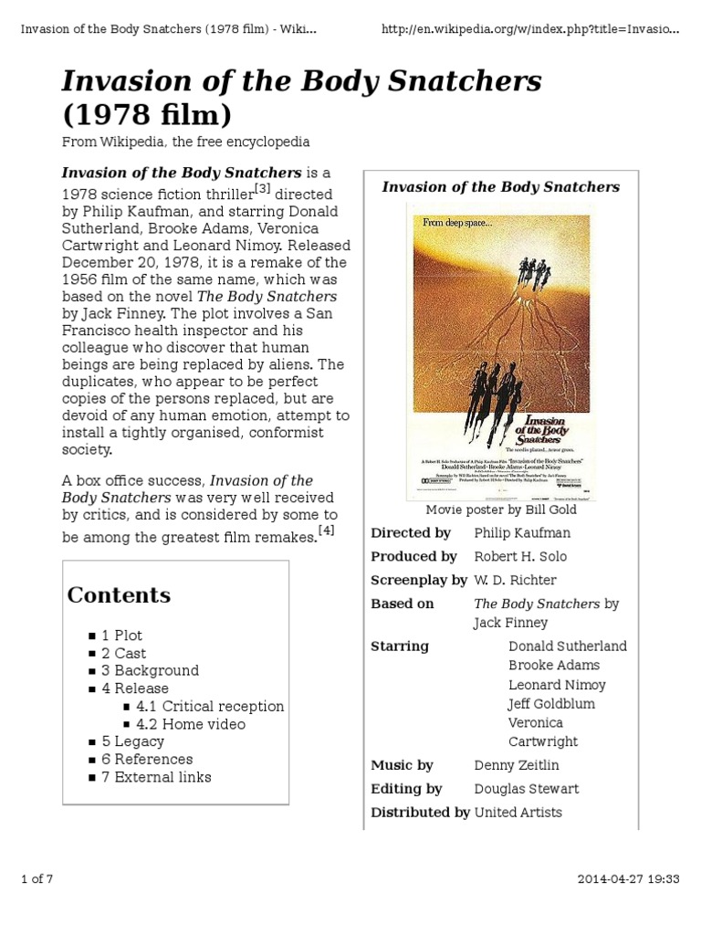 Invasion of The Body Snatchers (1978 Film) | PDF | Cinema | Leisure
