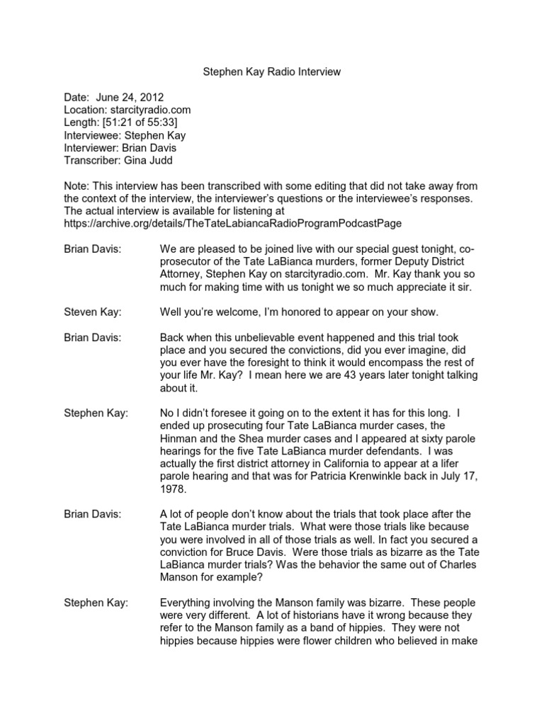 Stephen Kay Interview | PDF | Manson Family | Tex Watson