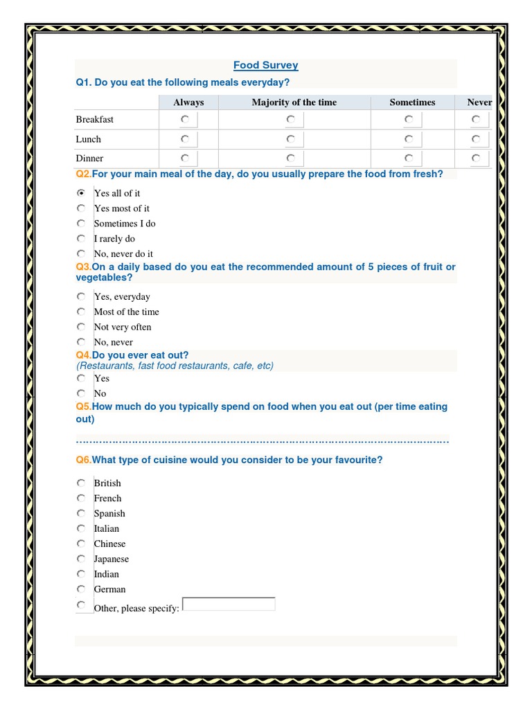 Breakfast Lunch Dinner: Food Survey | PDF | Meal | Foods