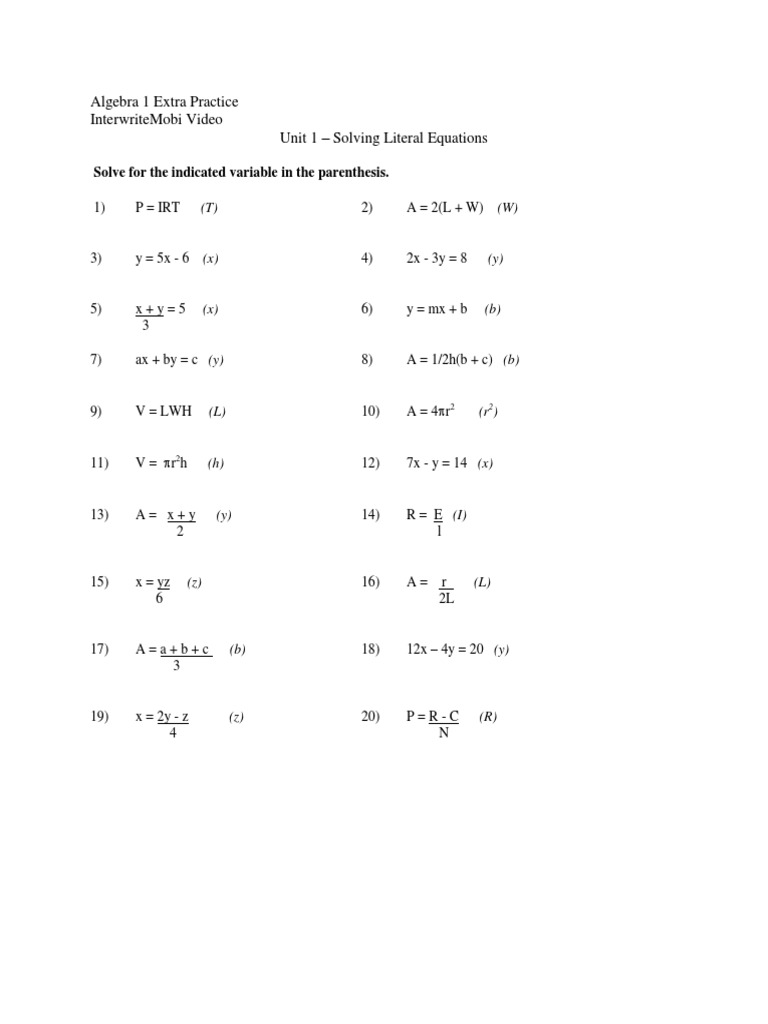 Algebra 1 Extra Practice Interwritemobi Video Unit 1 - Solving Literal Equations | PDF