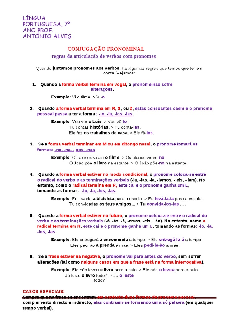 Pronomes - Conjugação Pronominal - Regras e Exercícios (Blog7 10-11 ...