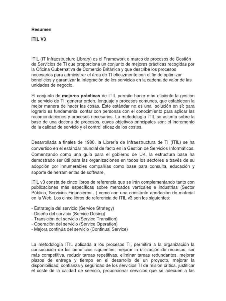 Resumen ITIL+V3 | PDF | Itil | It Service Management