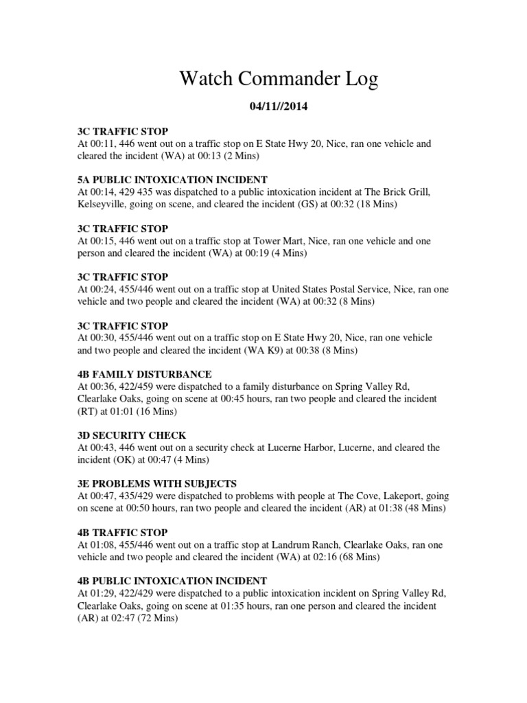 Daily Watch Commander Log Summary | PDF | Traffic | Land Transport