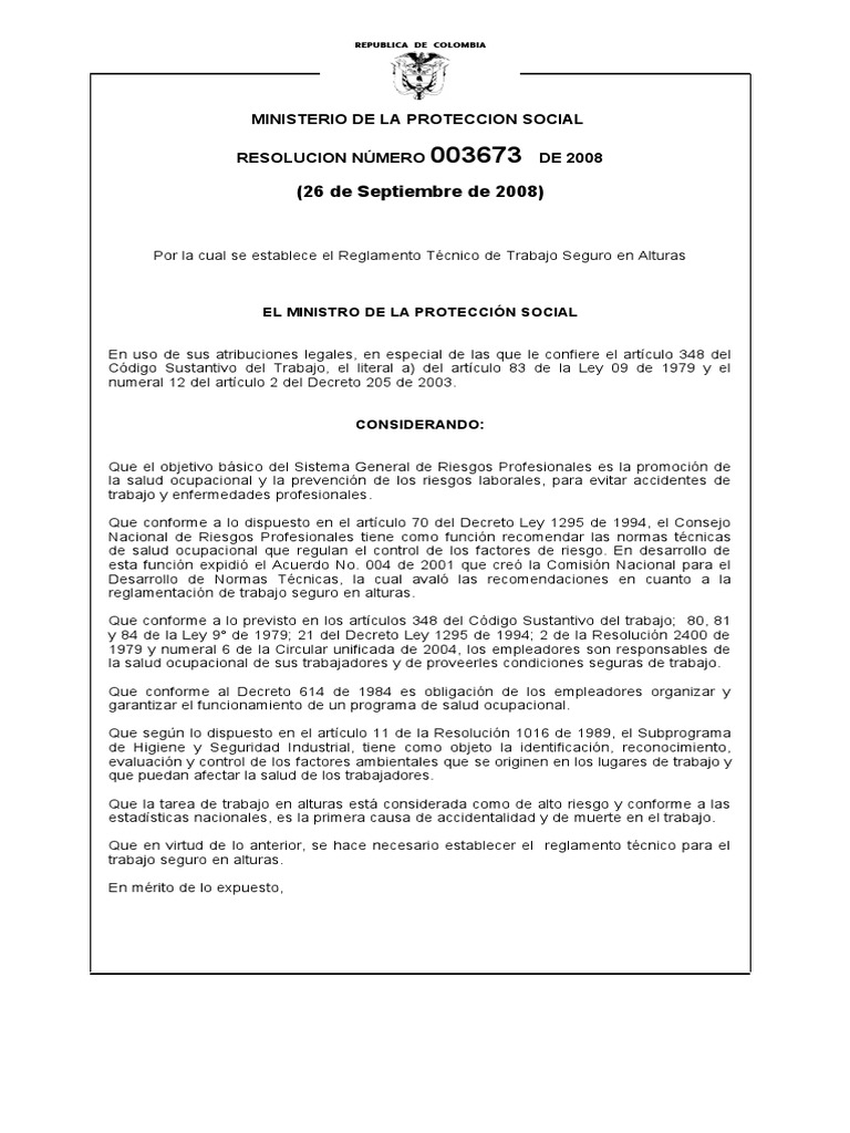 Resolución 003673 Trabajo en Alturas | PDF | Seguridad y salud ocupacional | Labor