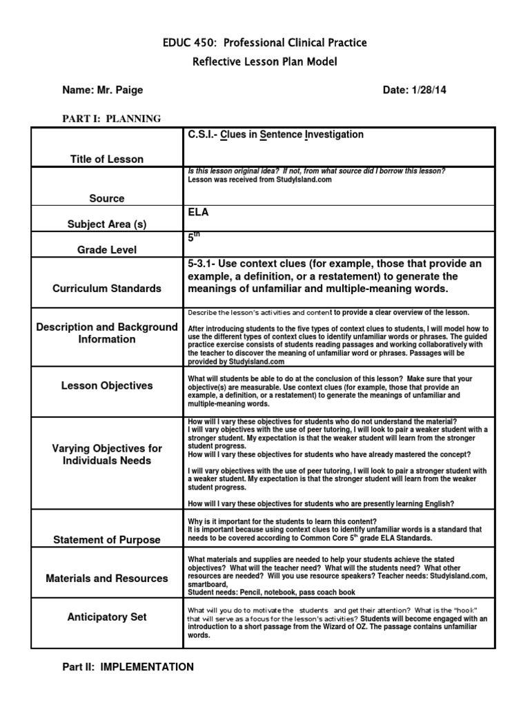 Reflective Lesson Plan (Context Clues) | PDF | Differentiated ...
