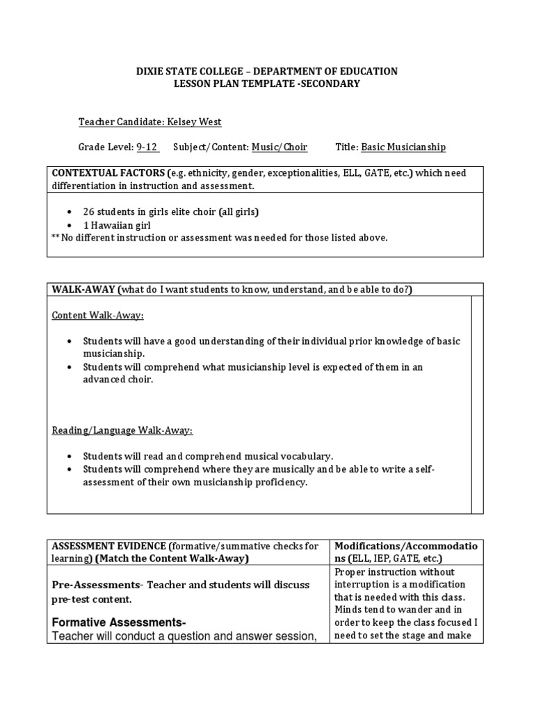 Secondary Music Lesson Plan Template | PDF | Educational Assessment ...