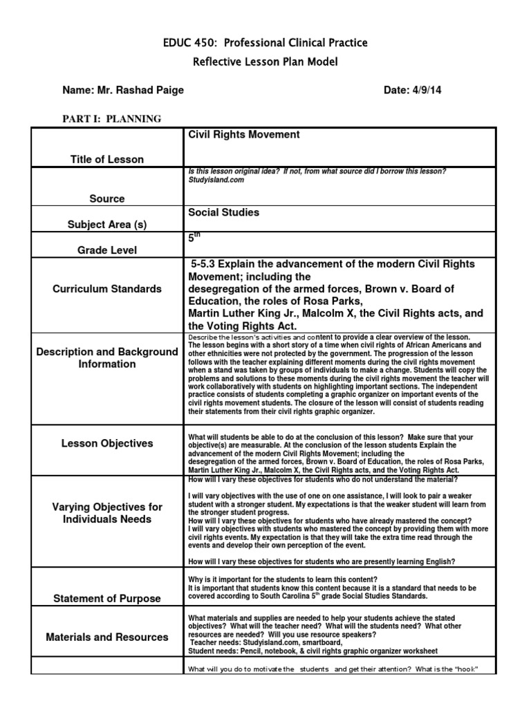 Reflective Lesson Plan (Civil Rights Movement) | PDF | Differentiated ...